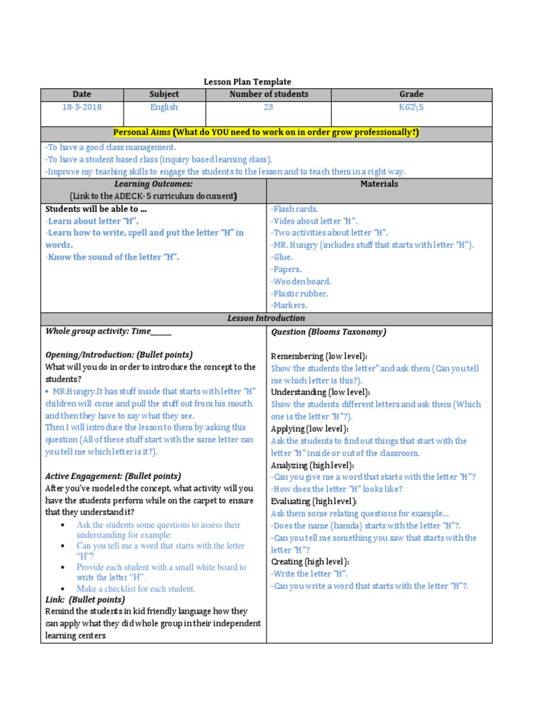 Lesson Plan Template Date Subject Number of Students Grade: Learning ...