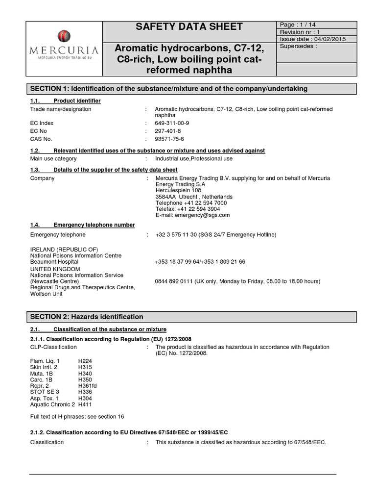 EN - SDS - Aromatic Hydrocarbons, C7-12, C8-Rich, Low Boiling Point Cat ...