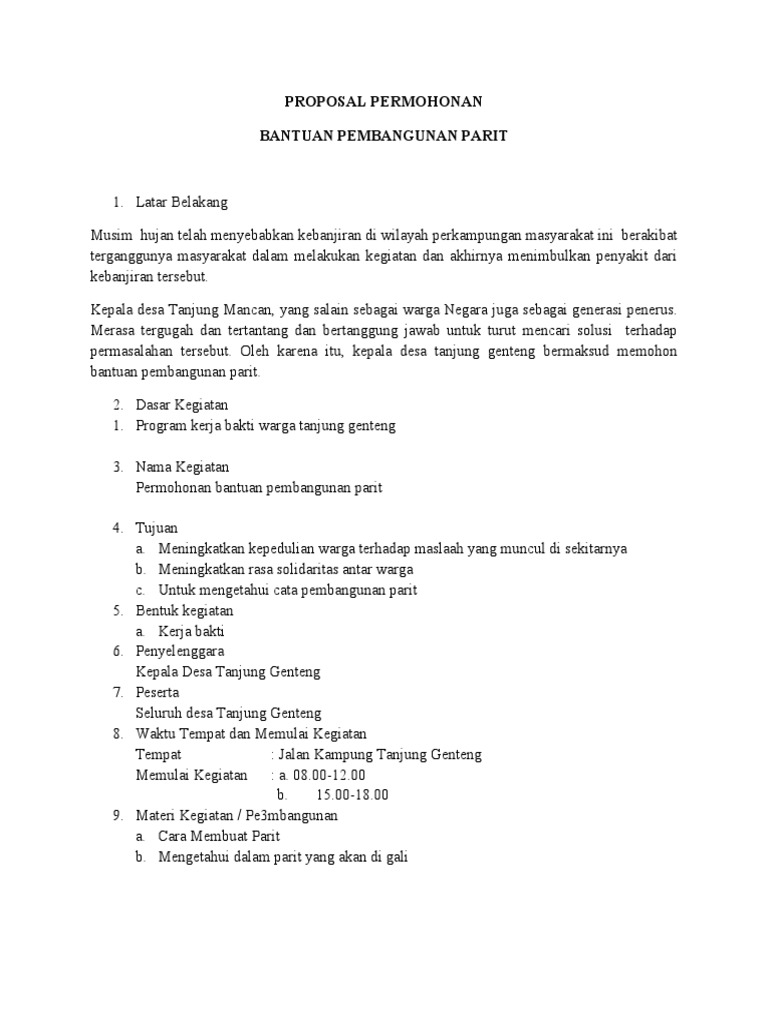 Proposal Permohonan Bantuan Pembangunan Parit | PDF