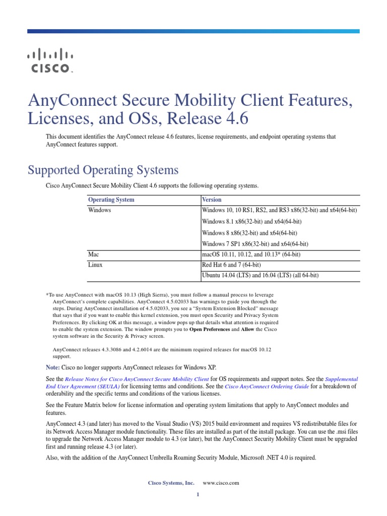 AnyConnect Secure Mobility Client Features, Licenses, and OSs, Release ...