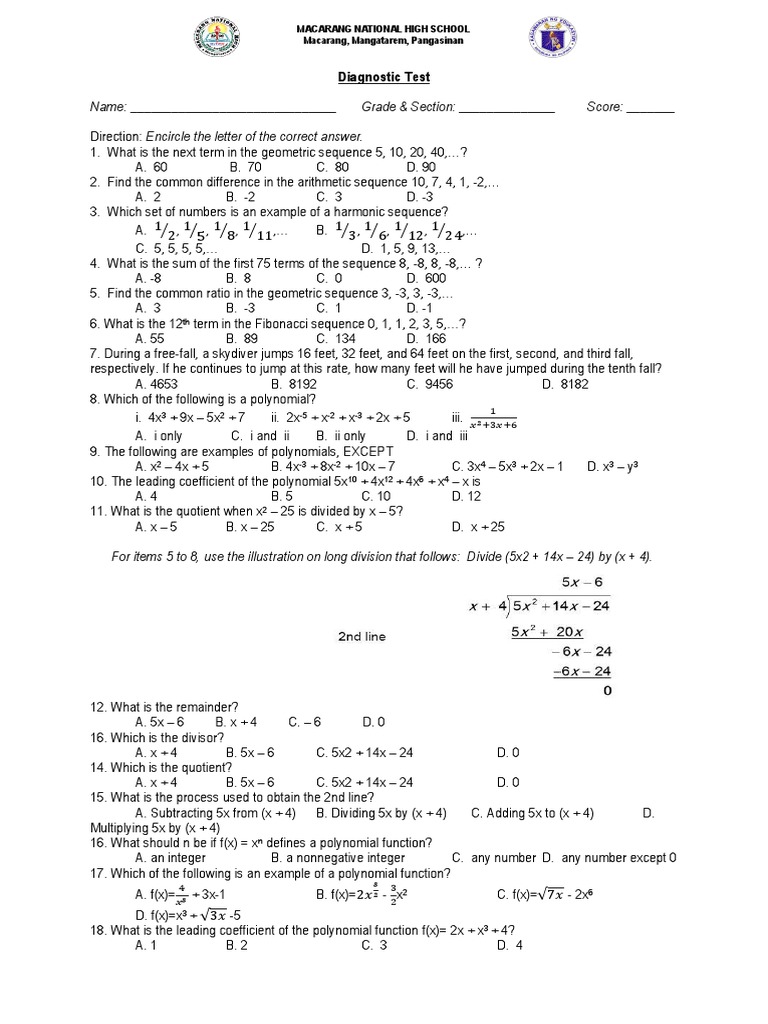 Diagnostic Test Grade 10 | PDF | Circle | Percentile