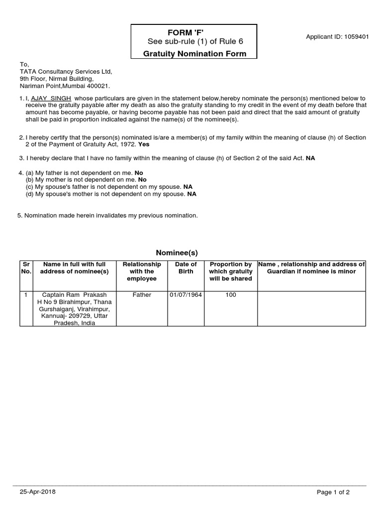 See Sub-Rule (1) of Rule 6: Form 'F' Gratuity Nomination Form | PDF ...