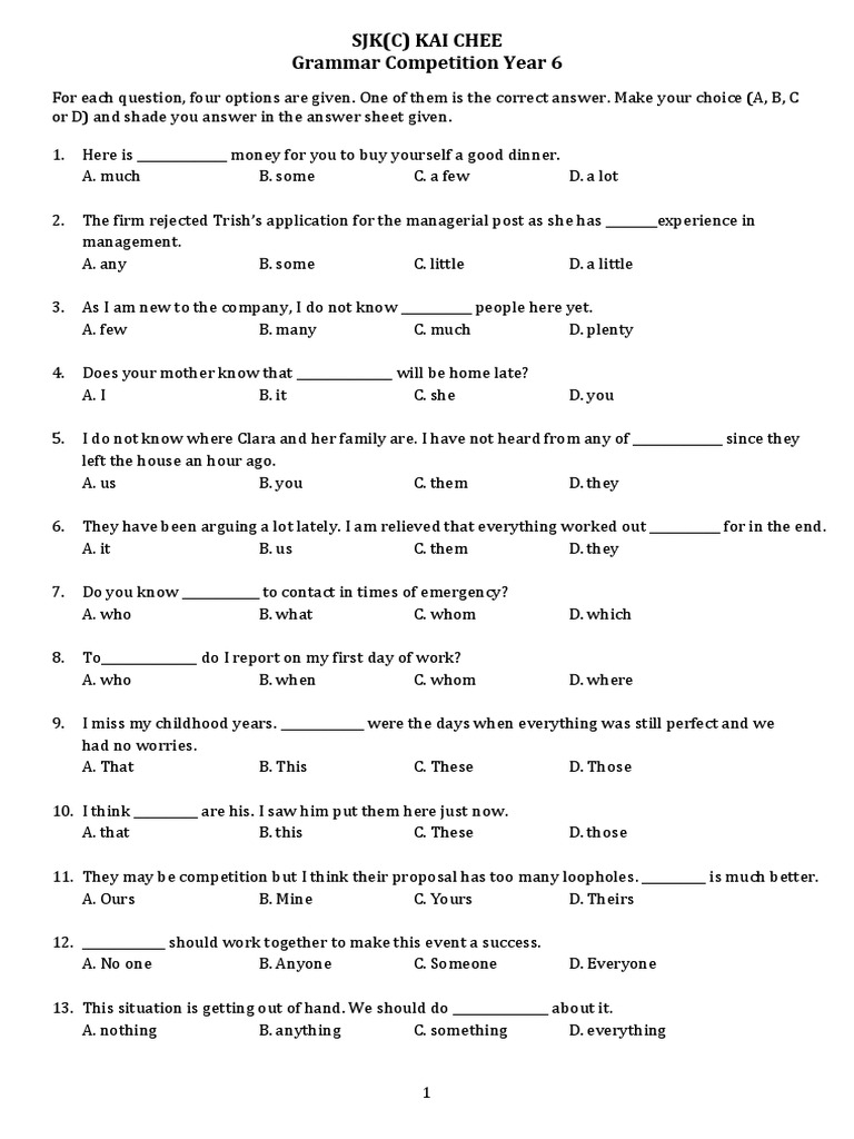 Year 6 Grammar Competition Questions | PDF