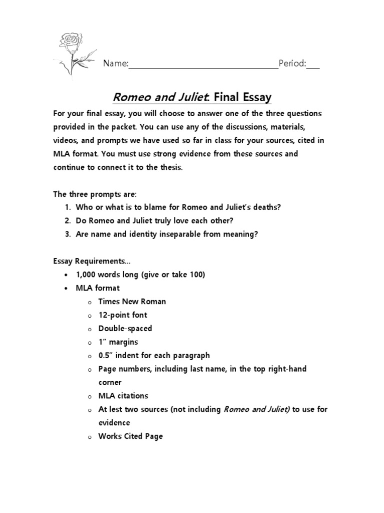Romeo and Juliet Final Essay Guidelines | PDF