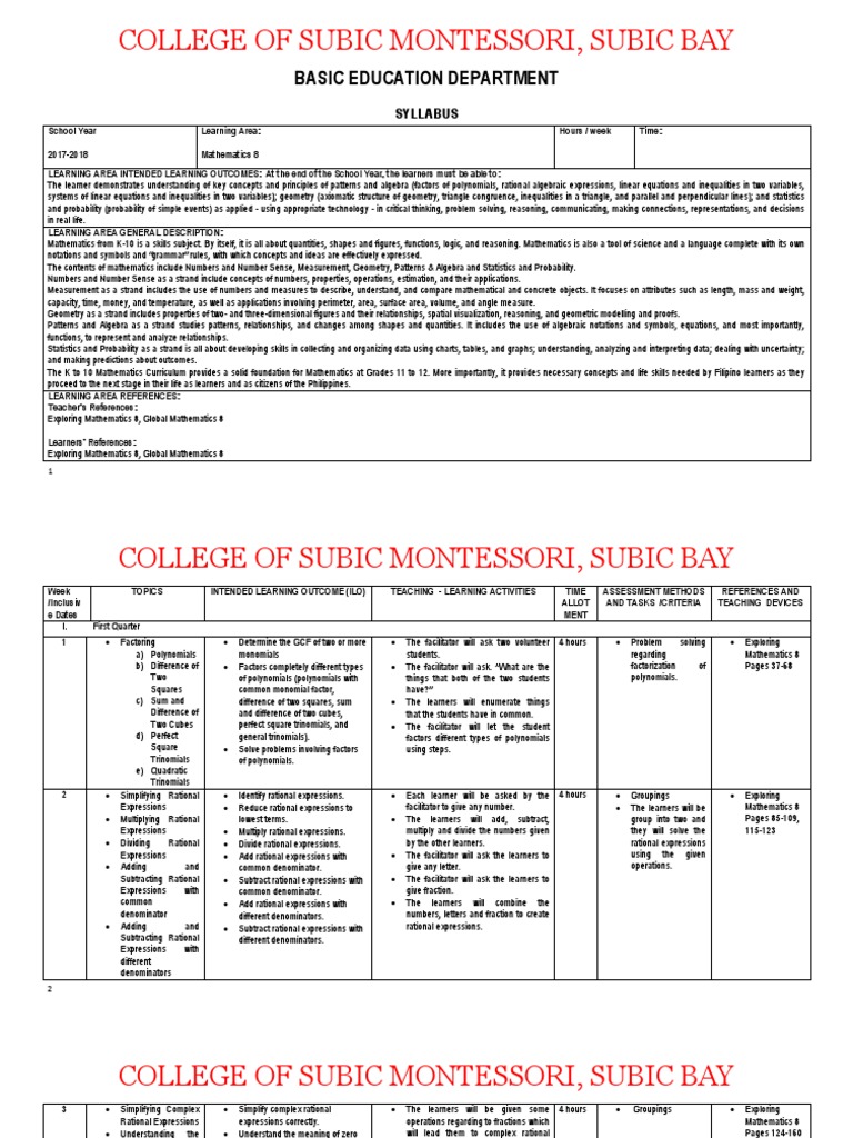 Math 8 Syllabus | PDF | Fraction (Mathematics) | Rational Number