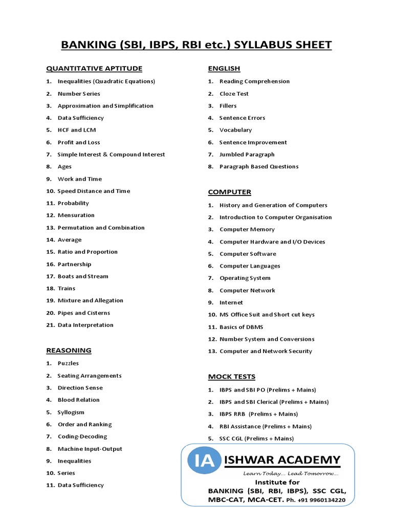 Banking (Sbi, Ibps, Rbi Etc.) Syllabus Sheet: Quantitative Aptitude ...