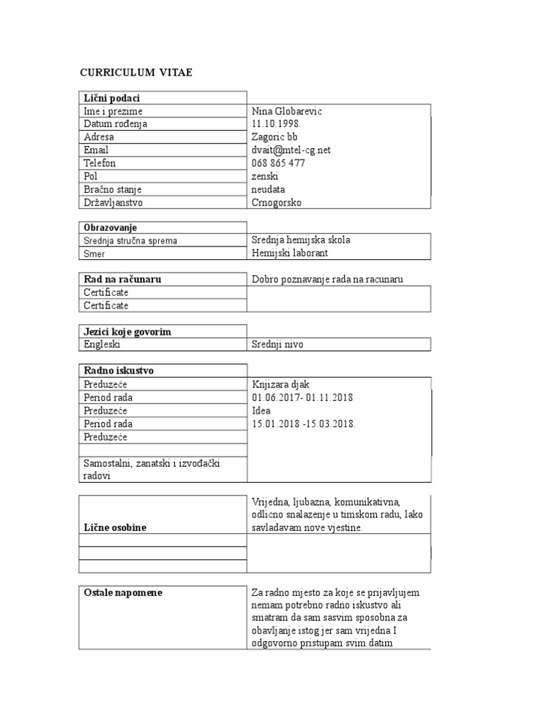 CV Nina Globarevic | PDF