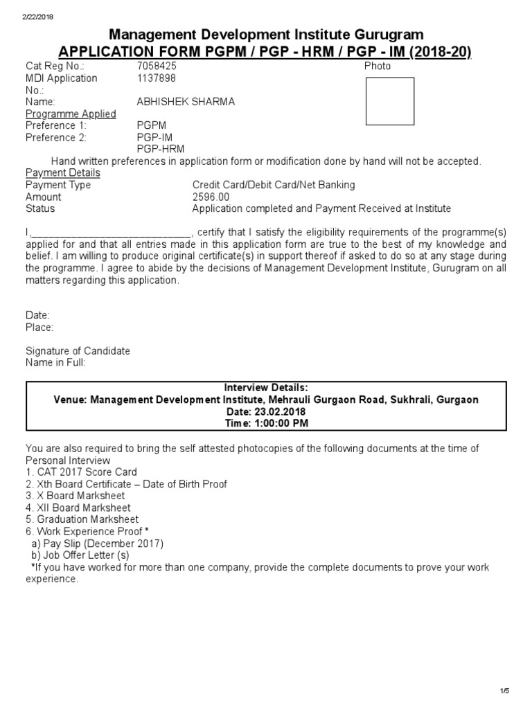 Management Development Institute Gurugram Application Form PGPM / PGP ...