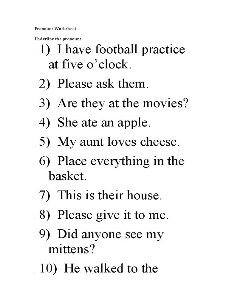 Pronouns Worksheet Underline The Pronouns | PDF
