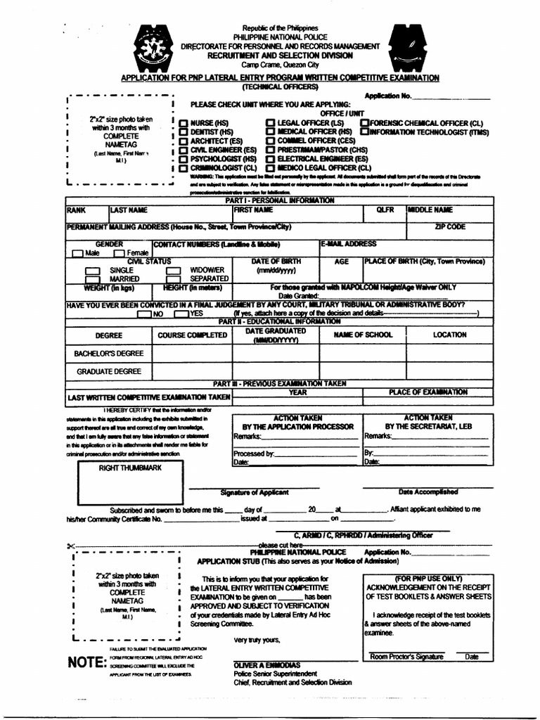 Application For PNP Lateral Entry Program Written Competitive Ex | PDF