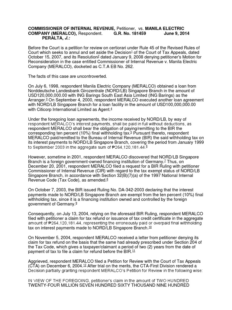 MERALCO Tax Refund Case Summary | PDF | Tax Refund | Internal Revenue ...