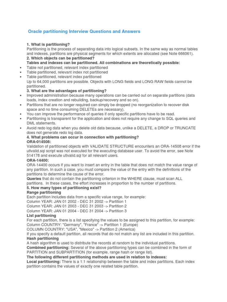 Oracle Partitioning Interview Questions And Answers Pdf Database
