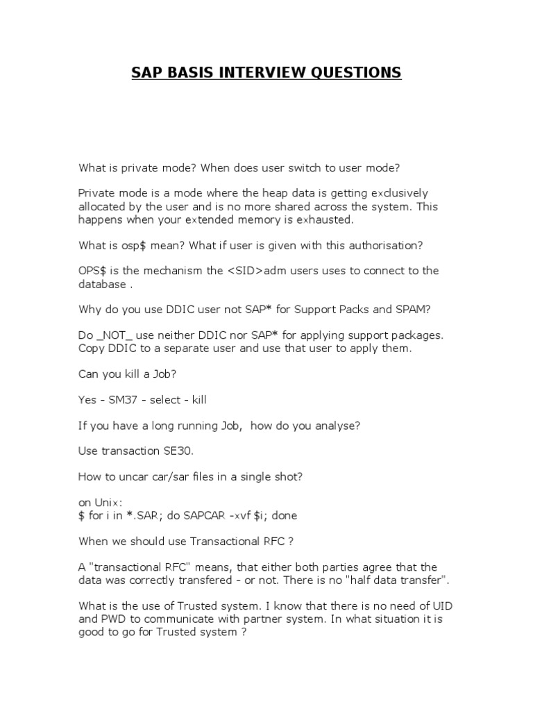 Sap Basis Interview Questions | PDF | Enterprise Resource Planning | Databases
