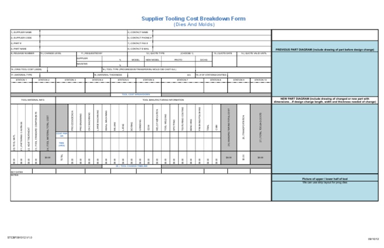 Supplier Tooling Cost Breakdown Form: (Dies and Molds) | PDF ...