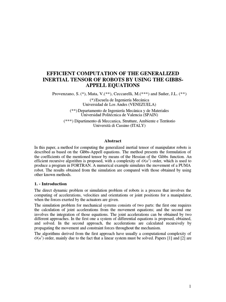 Efficient Computation of The Generalized Inertial Tensor of Robots by Using The Gibbs-Appell ...