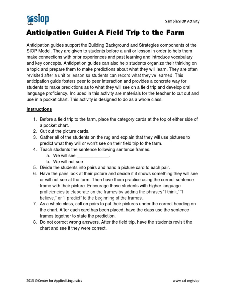 Cal Siop Anticipation Guide Field Trip | PDF | Linguistics | Teaching