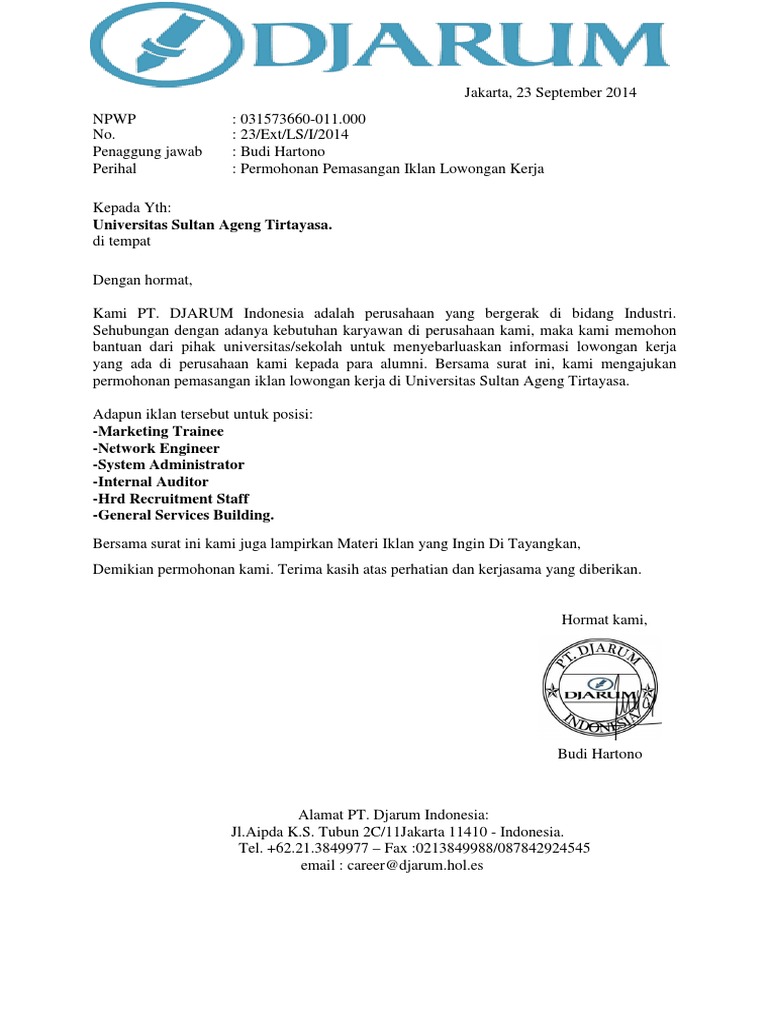 Surat Permohonan PT. Djarum | PDF