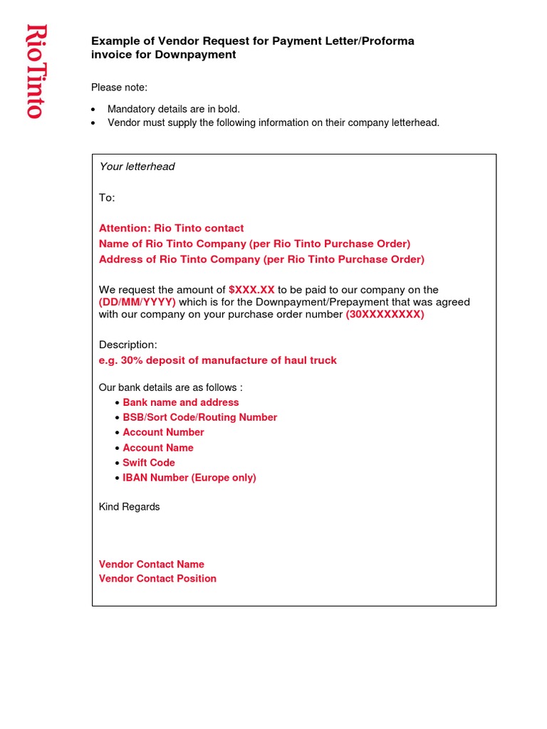 RT APAC East Sample Vendor Request For Downpayment Letter | PDF