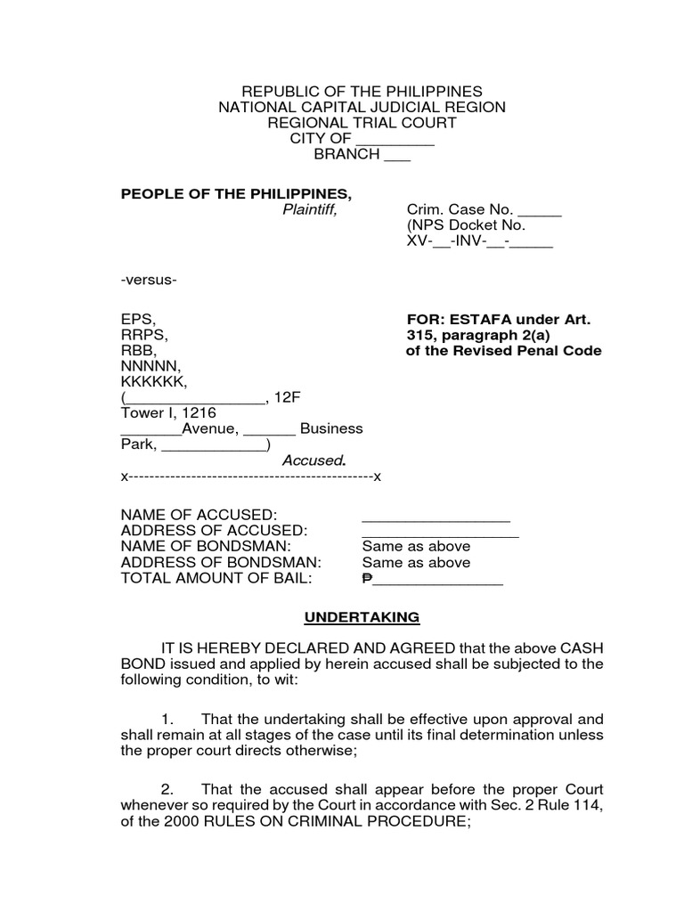 Bail Undertaking for Estafa Case | PDF | Finance & Money Management ...