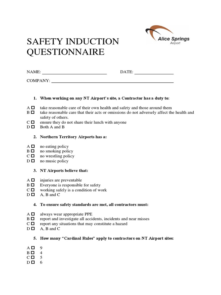 Safety Induction Questionnaire | PDF | Airport | Safety