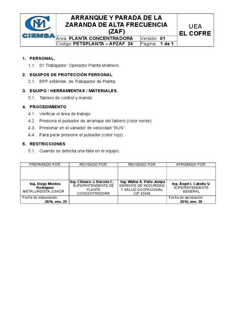 24 Arranque y Parada de La Zaranda de Alta Frecuencia (ZAF) | PDF
