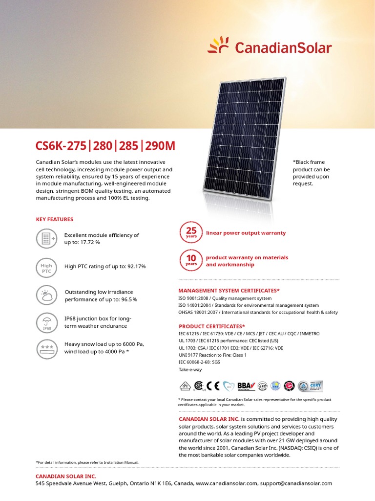 Canadian Solar Datasheet CS6K M en | PDF | Manufactured Goods ...