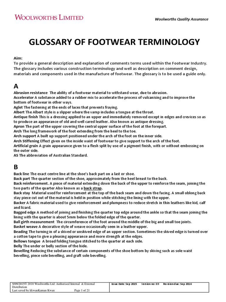 Woolworths Footwear Glossary of Terms Chapter Version 3 | PDF | Shoe ...