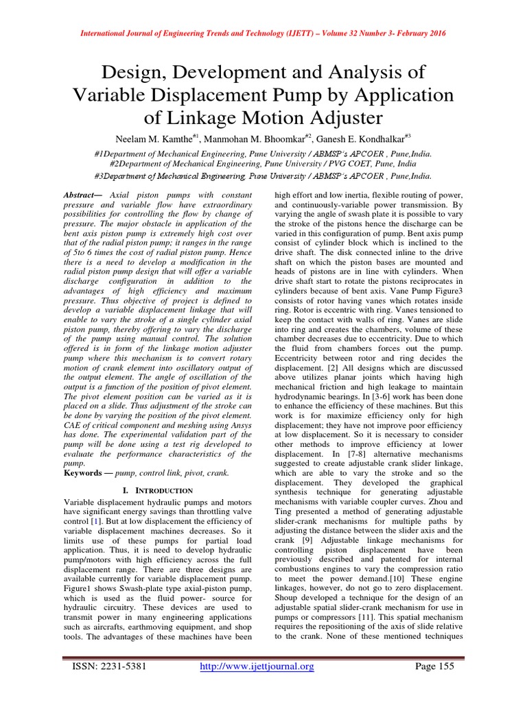 Design, Development and Analysis of Variable Displacement Pump by Application of Linkage Motion ...