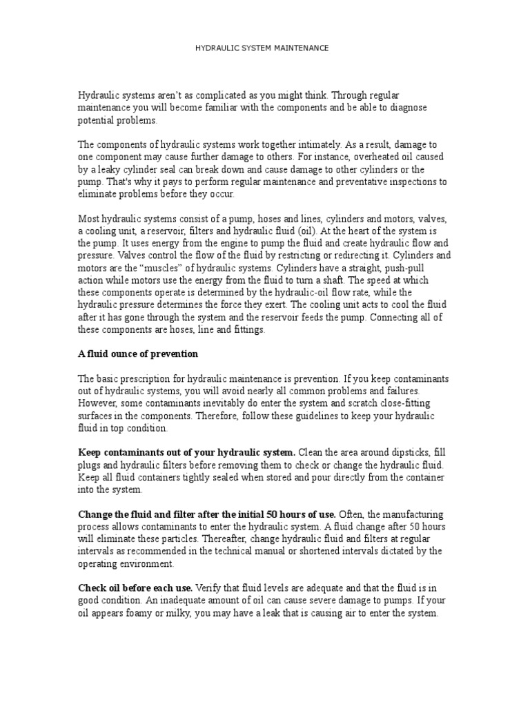 Hydraulic System Maintenance | PDF | Leak | Pump