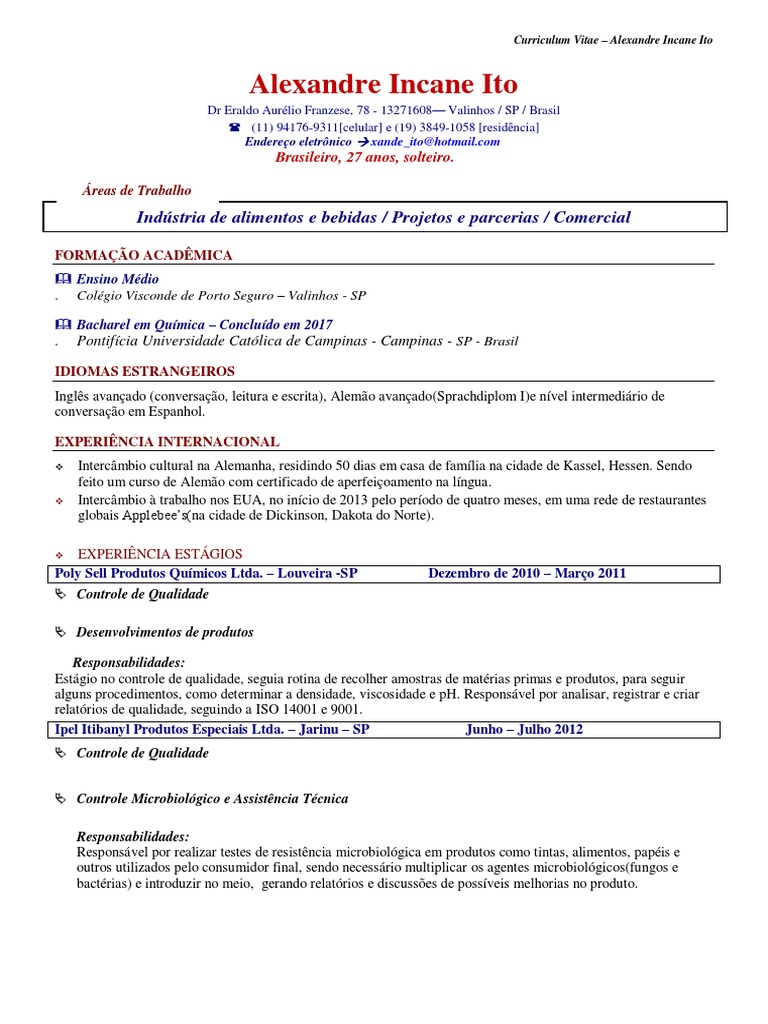 Alexandre Incane Ito - Curriculum Vitae | PDF | Brasil | Indústrias