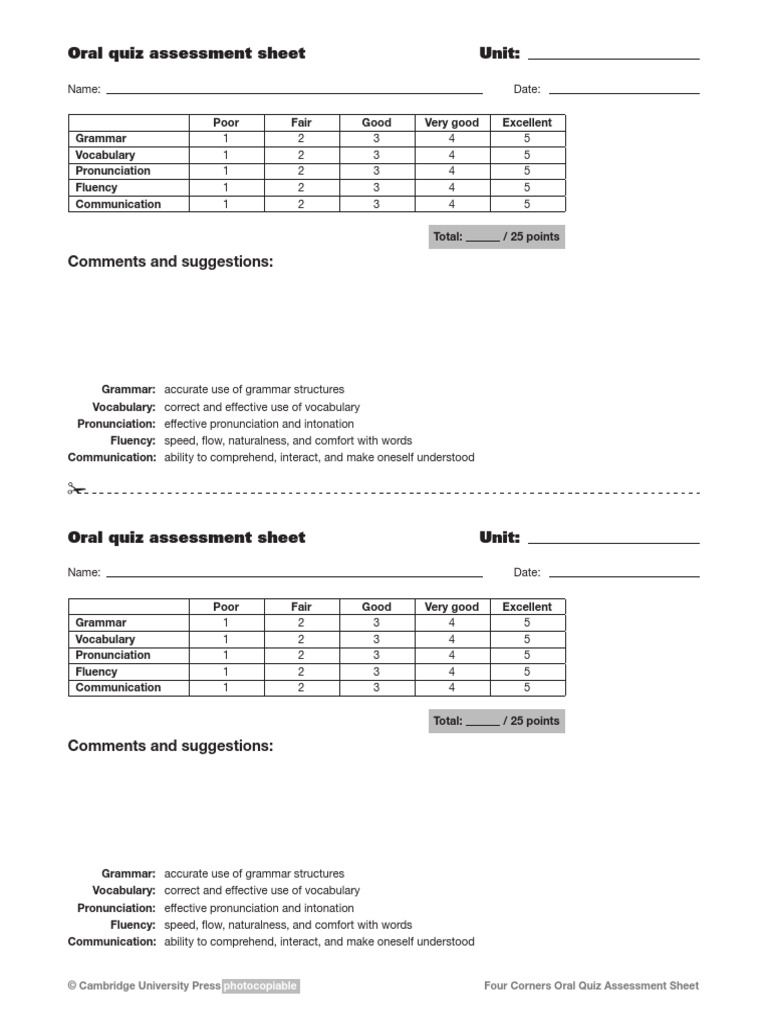 Oral Quiz Assessment Sheet Unit:: Comments and Suggestions | PDF ...