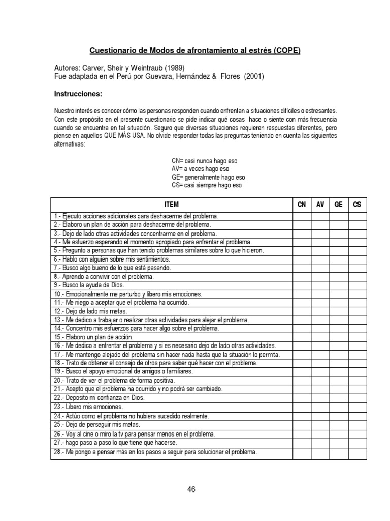 Cuestionario COPE de Afrontamiento al Estrés | PDF | Sicología
