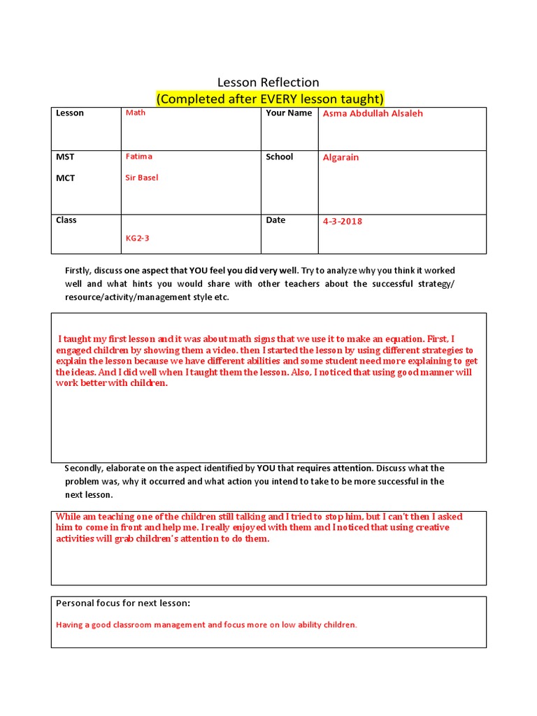 Lesson Reflection 1 | PDF