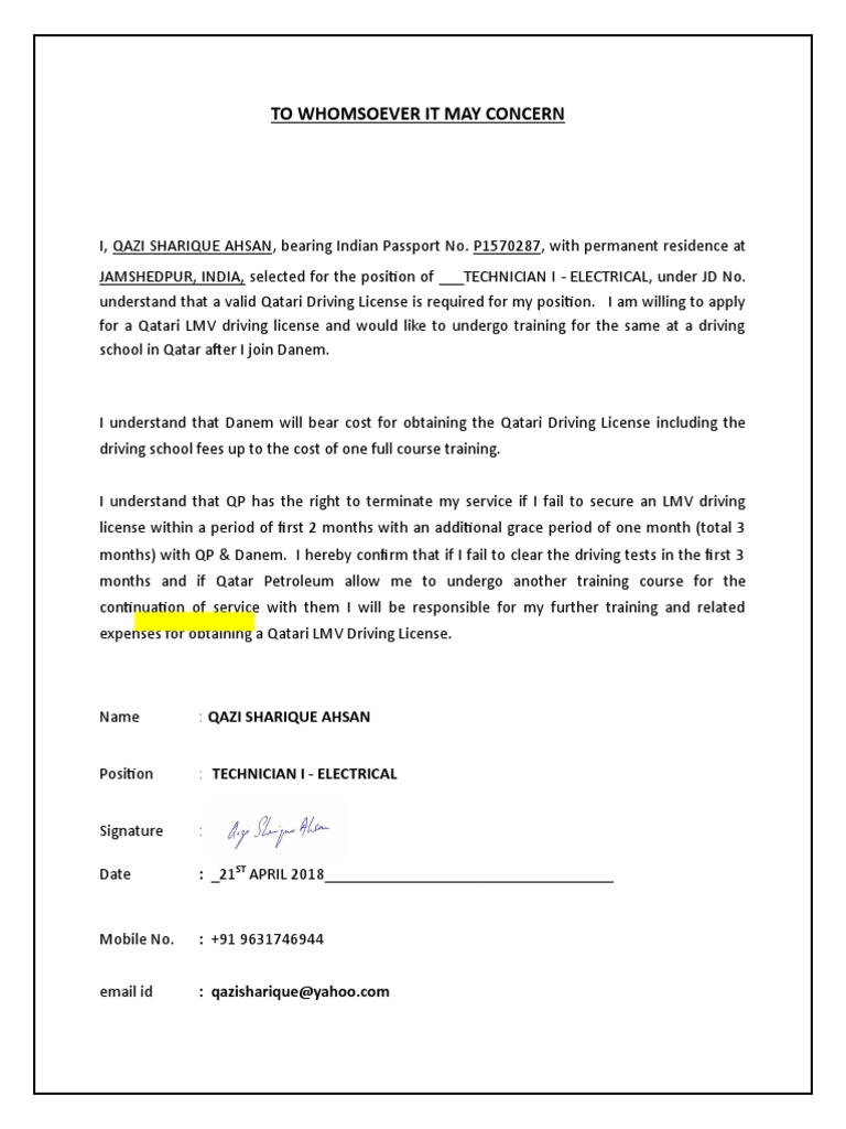 Undertaking Format Driver Training | PDF | Driver's License | Transport