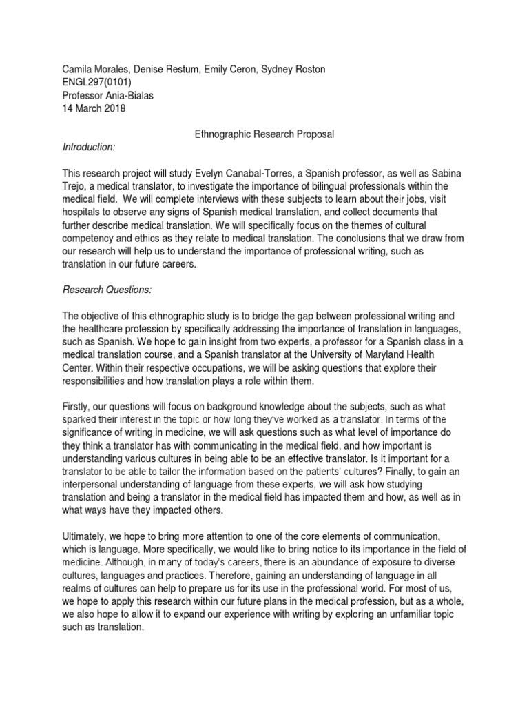 Final Ethnographic Research Proposal | PDF | Translations | Language Interpretation