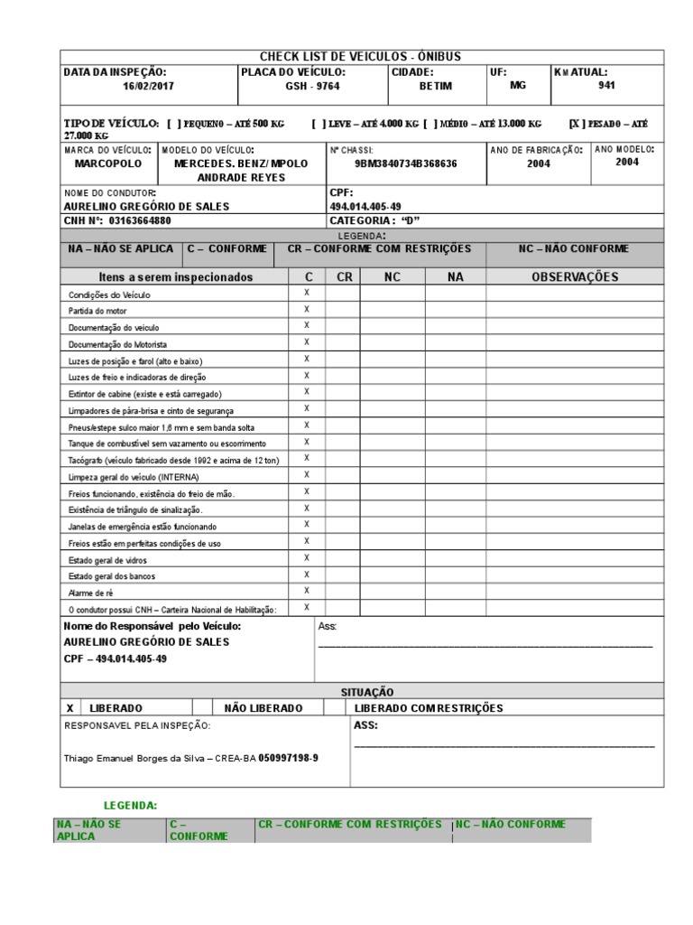 Check List de Veiculos Onibus | Carteira de Motorista | Transporte