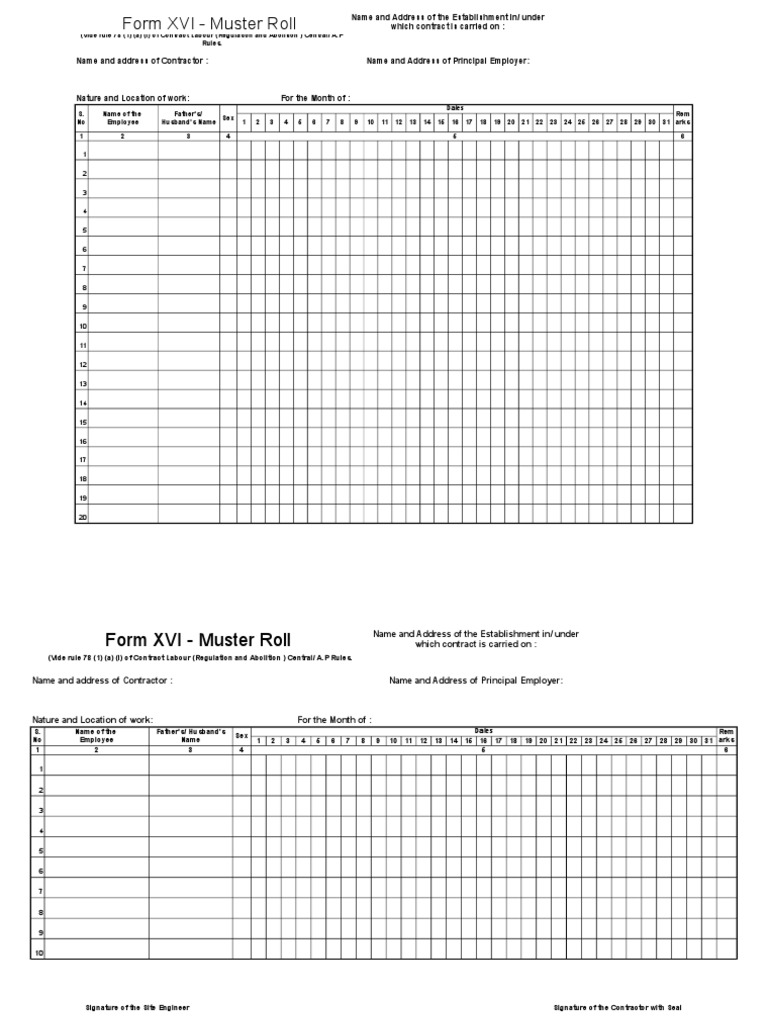 Form - XVI Muster Roll | PDF | Working Conditions | Social Institutions