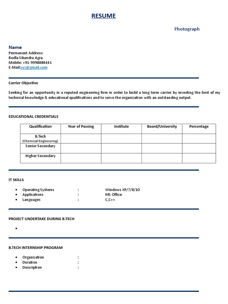 Resume Format For B.tech | PDF | Science | Science And Technology