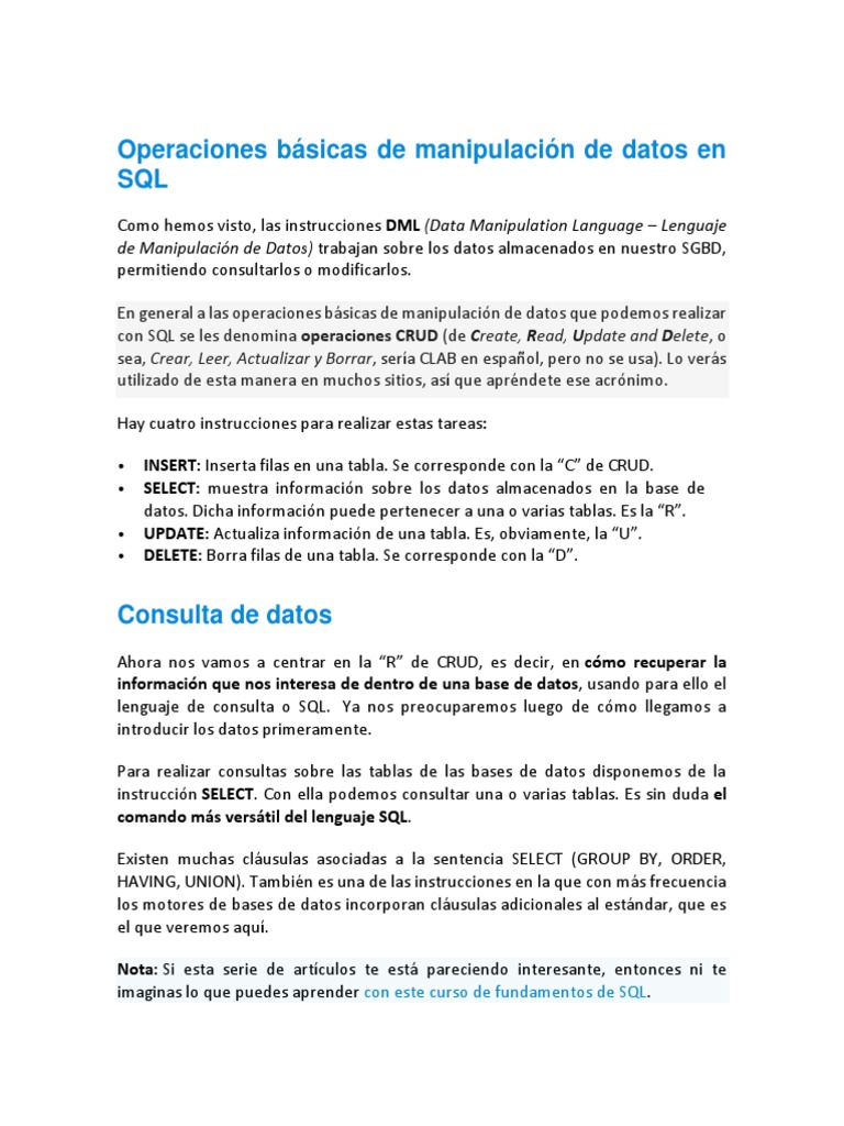 Operaciones Básicas de Manipulación de Datos en SQL | PDF | SQL ...