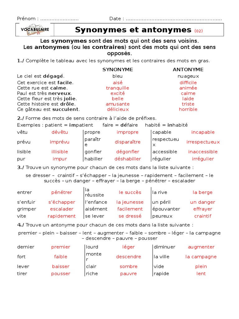 Synonymes et antonymes : Exercices CM2 | PDF