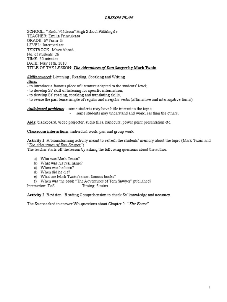 Lesson Plan Tom Sawyer | PDF | Lesson Plan | Question