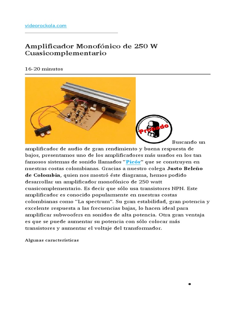 Audio. Ampl Monofónico de 250 WCuasicomplementario | PDF | Transistor ...
