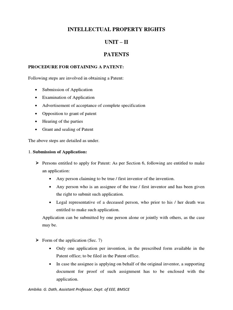 Intellectual Property Rights Unit - Ii Patents: Procedure For Obtaining A Patent | PDF ...