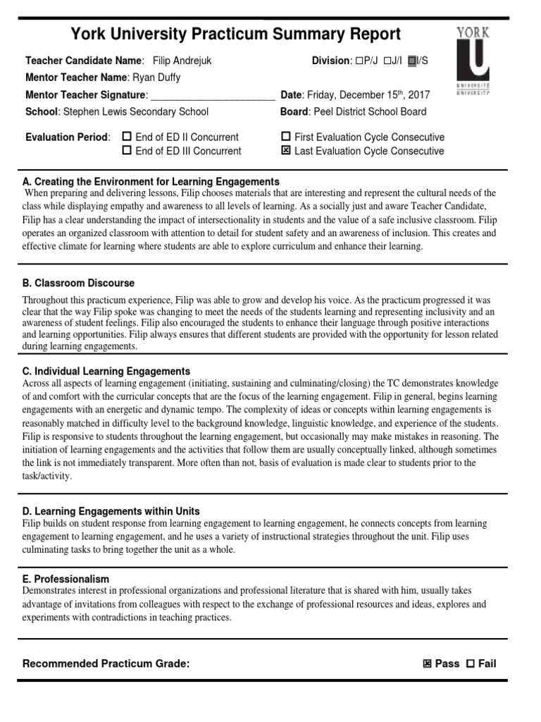 Practicum Summary Report - Filip Andrejuk | PDF | Inclusion (Education) | Teachers