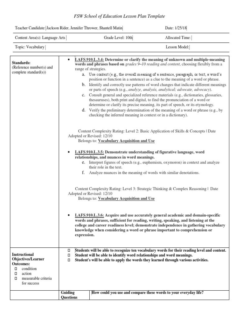 FSW School of Education Lesson Plan Template | Download Free PDF ...