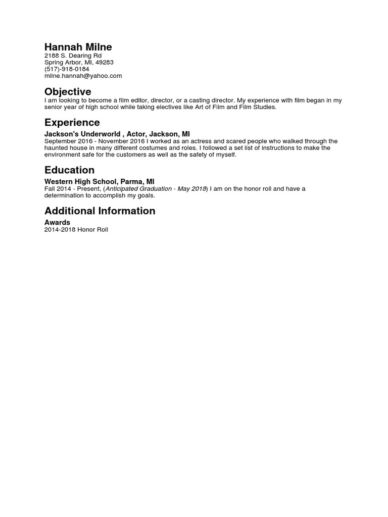 Hannah Milne: Jackson's Underworld, Actor, Jackson, MI | PDF