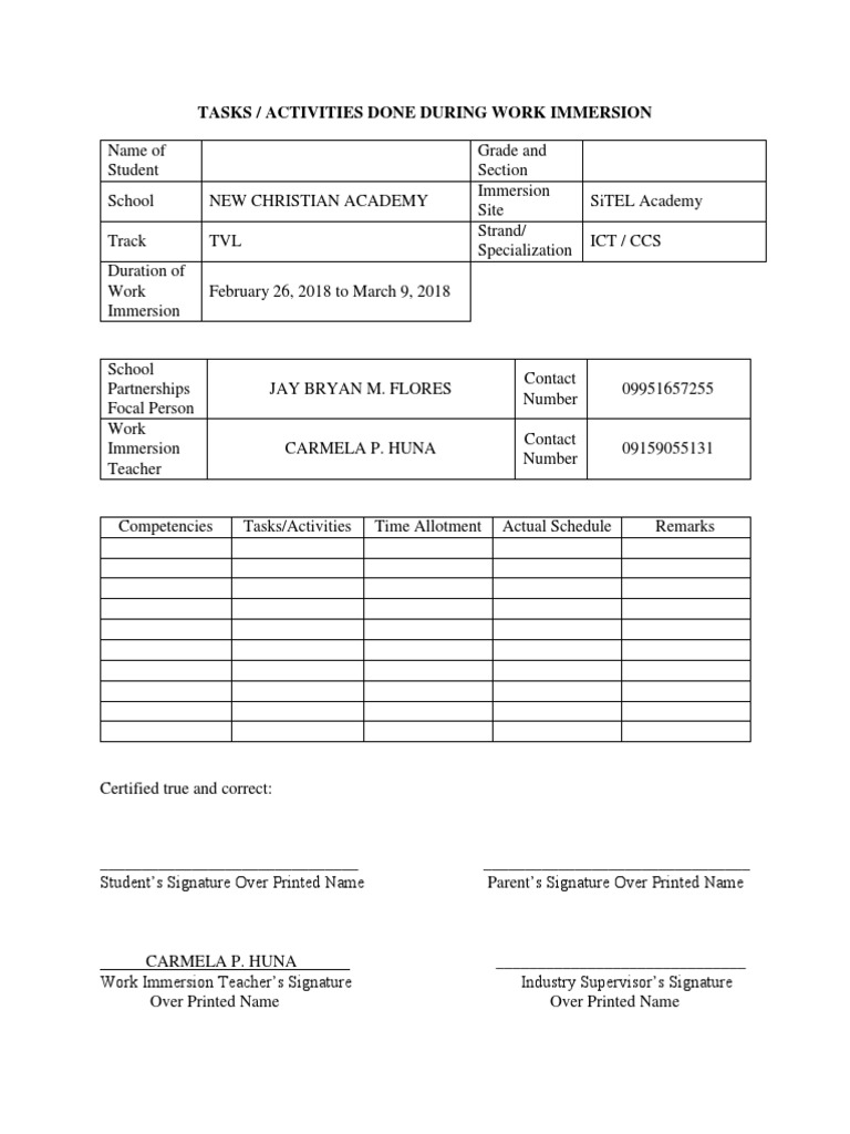 Tasks / Activities Done During Work Immersion | PDF