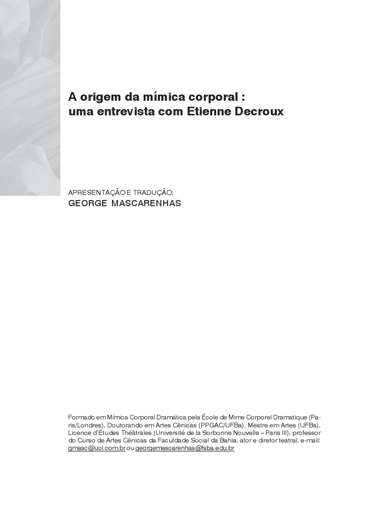 A Origem Da Mímica Corporal Uma Entrevista Com Etienne Decroux PDF | PDF | Teatro | Ator