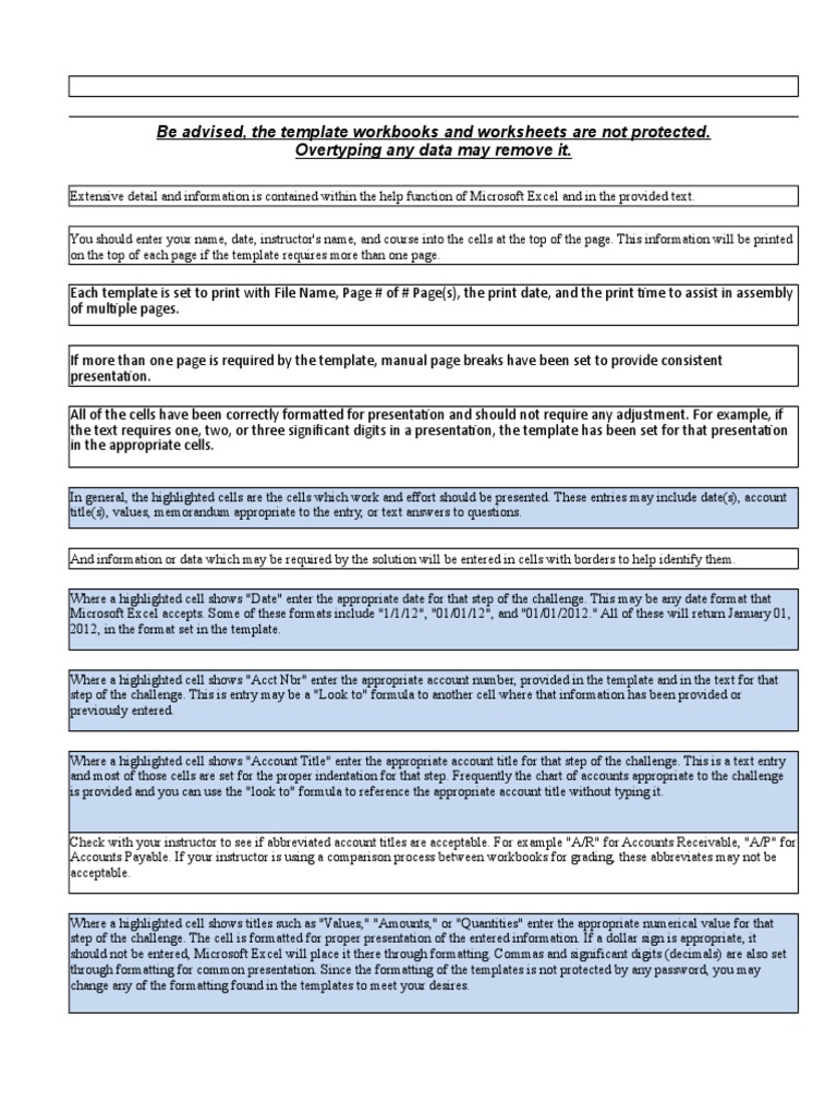 Be Advised, The Template Workbooks and Worksheets Are Not Protected ...