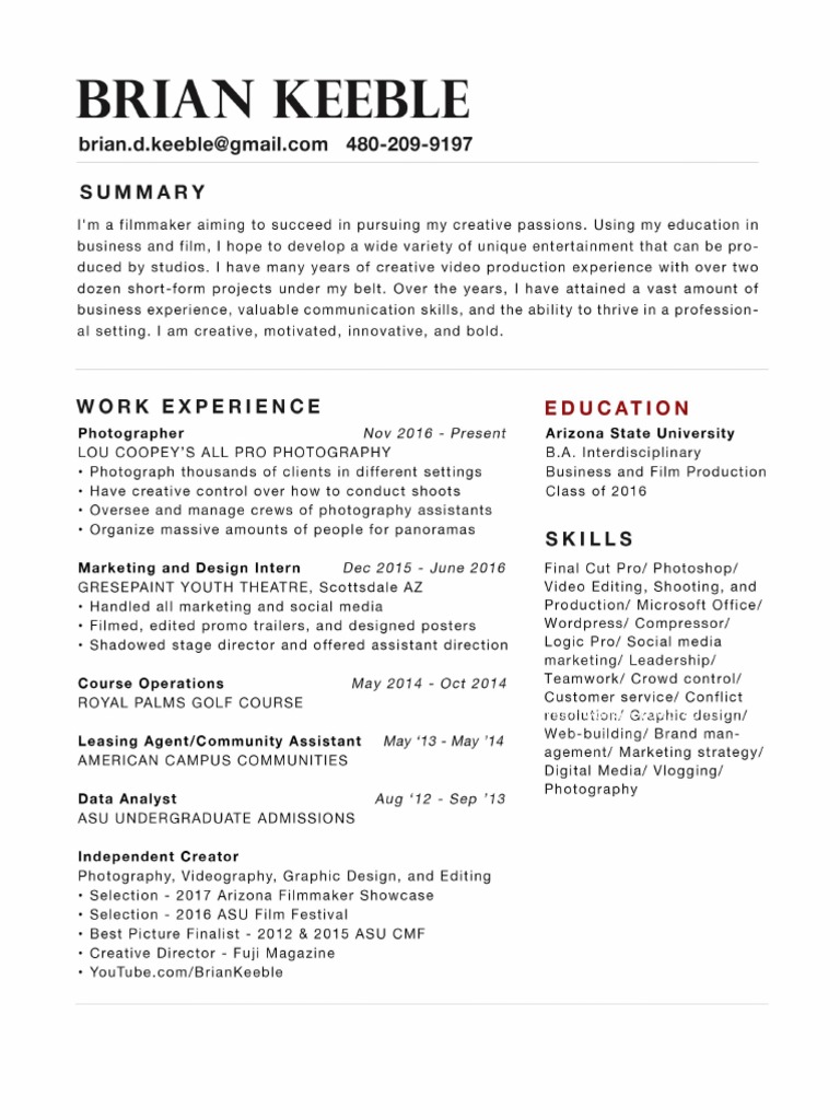 Brian Keeble: Filmmaker Skills Summary | PDF